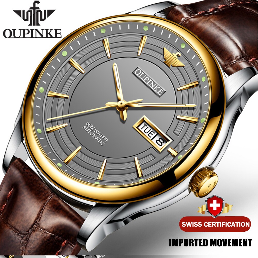 OUPINKE Men Automatic Watch with Genuine Leather Waterproof Movement ...